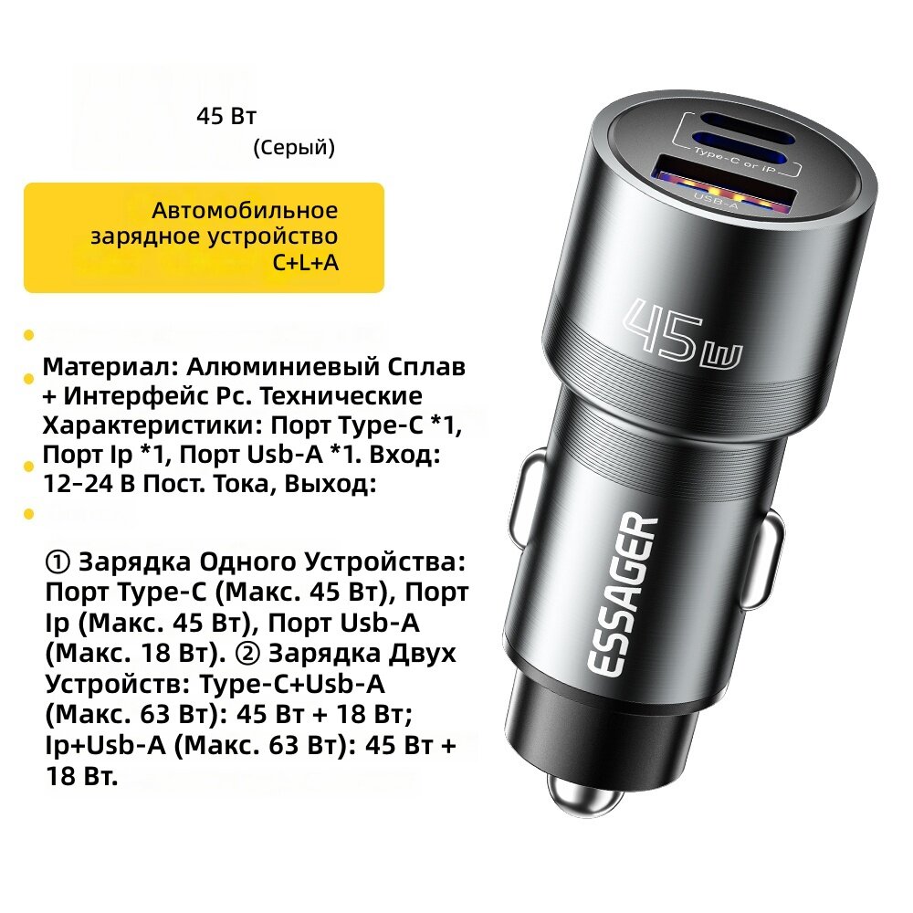 Автомобильное зарядное устройство 45W PD быстрая зарядка с USB-C и USB-A для iPhone 16/15, MacBook, Samsung, Xiaomi, PPS 3.0, серый