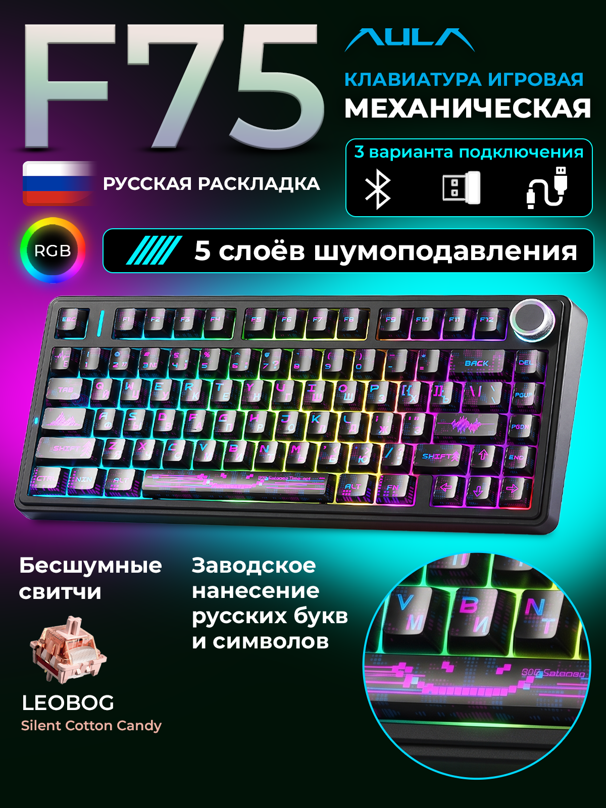Клавиатура AULA F75 Чёрный Neonight Бесшумные Cotton Candy свитчи РУС, три варианта подключения