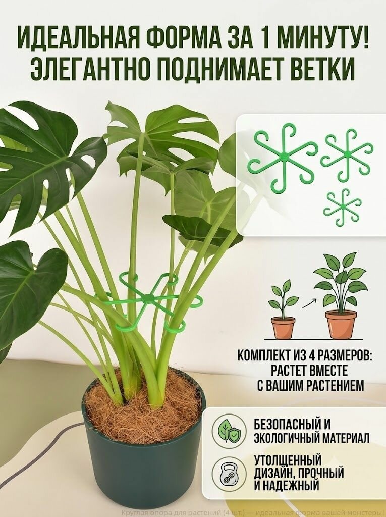 Опора для растений и цветов пластиковая круглая, держатель для комнатных растений от полегания, кустодержатель для монстеры и замиокулькаса, набор садовых кольцевых опор для фиксации веток,4 шт.