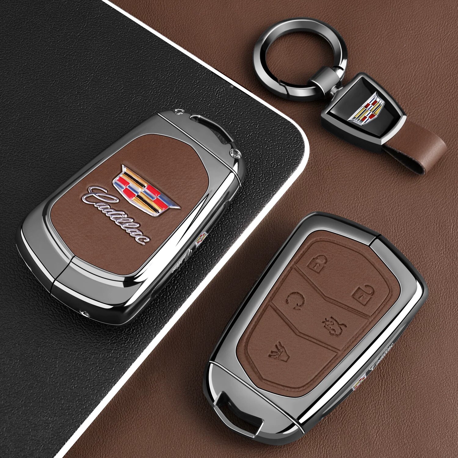Ключевой чехол Cadillac с металлическим корпусом и полным кожаным покрытием, верблюжий - Модель B