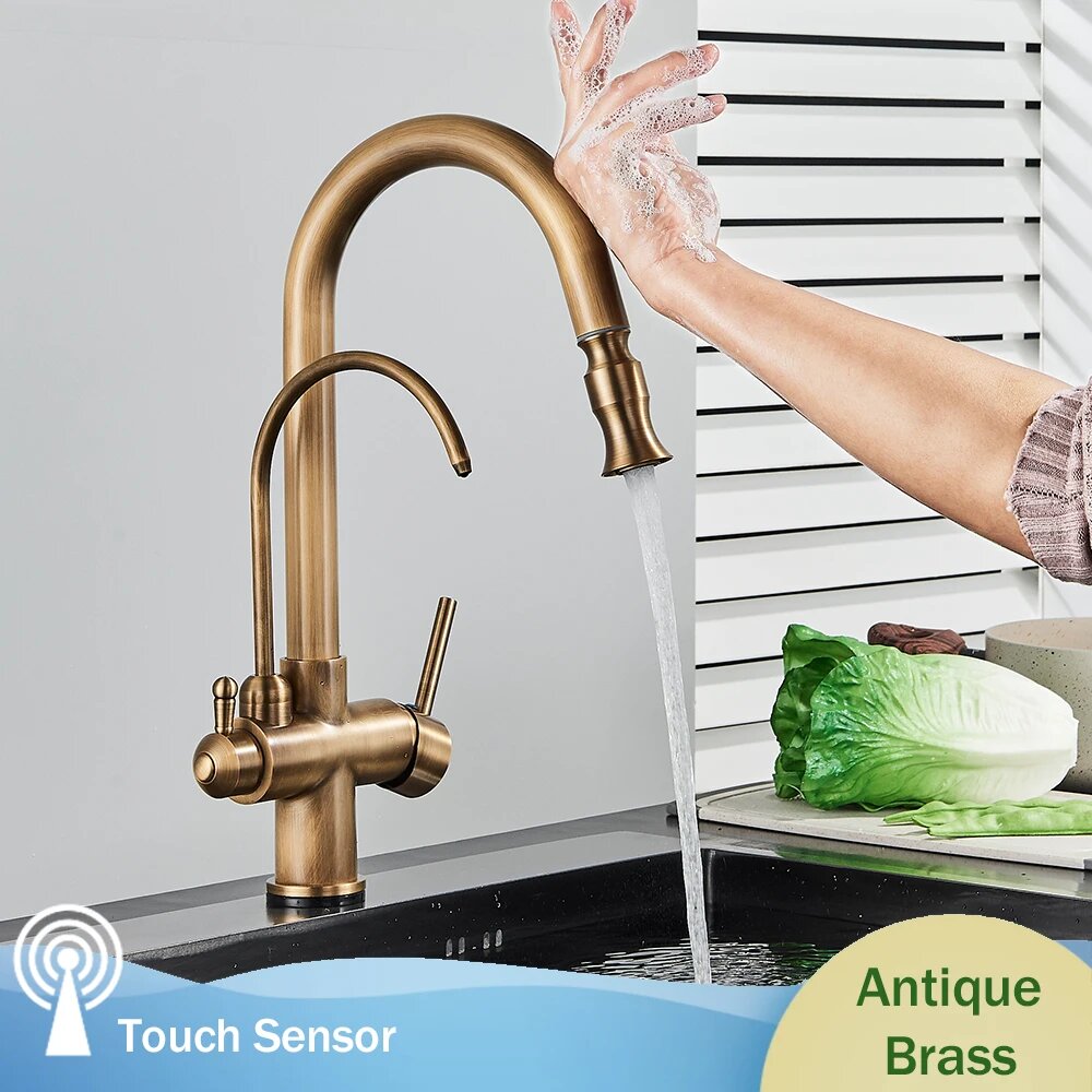 Кухонный смесительный кран с сенсорным фильтром Rozin Touch Sensor Filter Water, антик-бронза, с выдвижным распылителем, поворотным краном для чистой воды для кухни