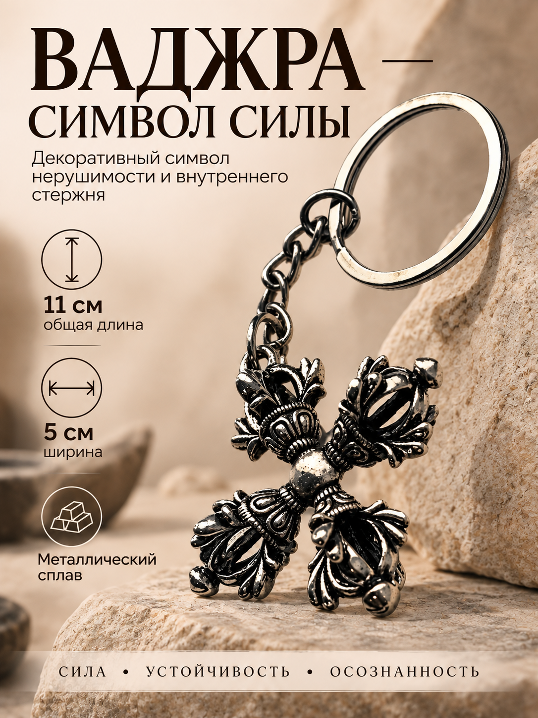 Брелок Ваджра Дордже 11 см, металлический сплав