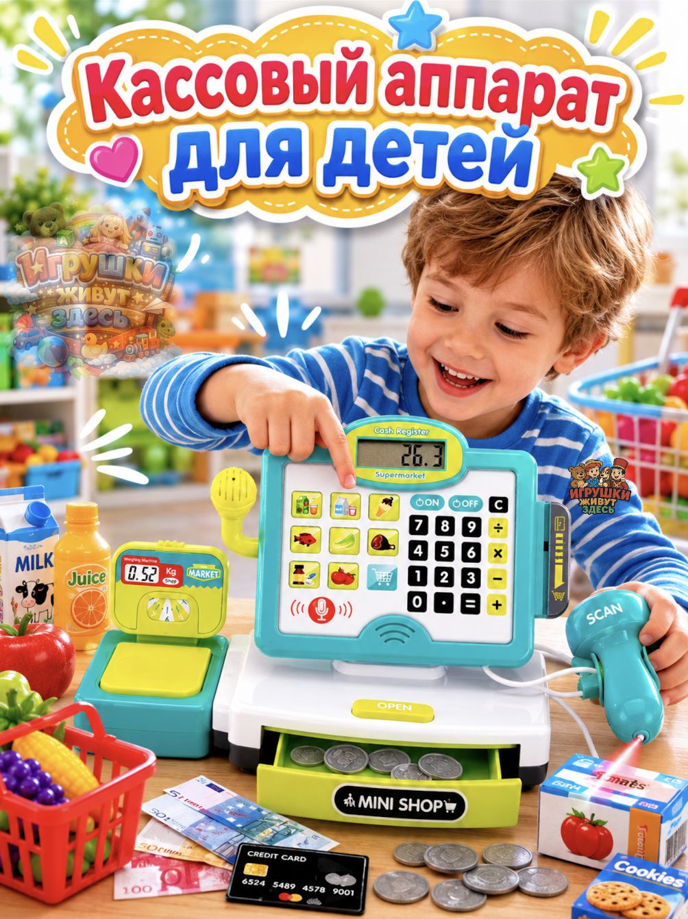 Кассовый аппарат детский "Мой магазин" со звуковыми и световыми эффектами на батарейках (35577A)