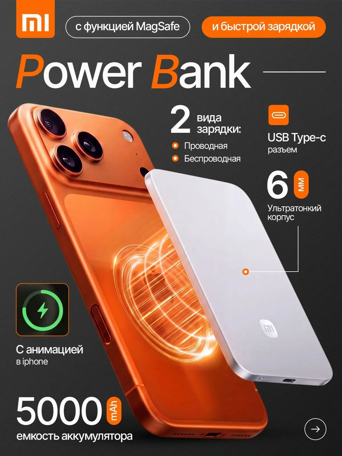 Повербанк 50000mah с быстрой зарядкой, powerbank magsafe, внешний аккумулятор для телефона Xiaomi
