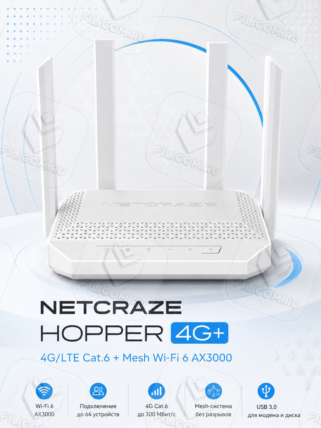 Гигабитный интернет-центр Netcraze Hopper 4G+ (NC-2312) Mesh Wi-Fi 6 AX3000, 4-портовый Smart-коммутатор, серый