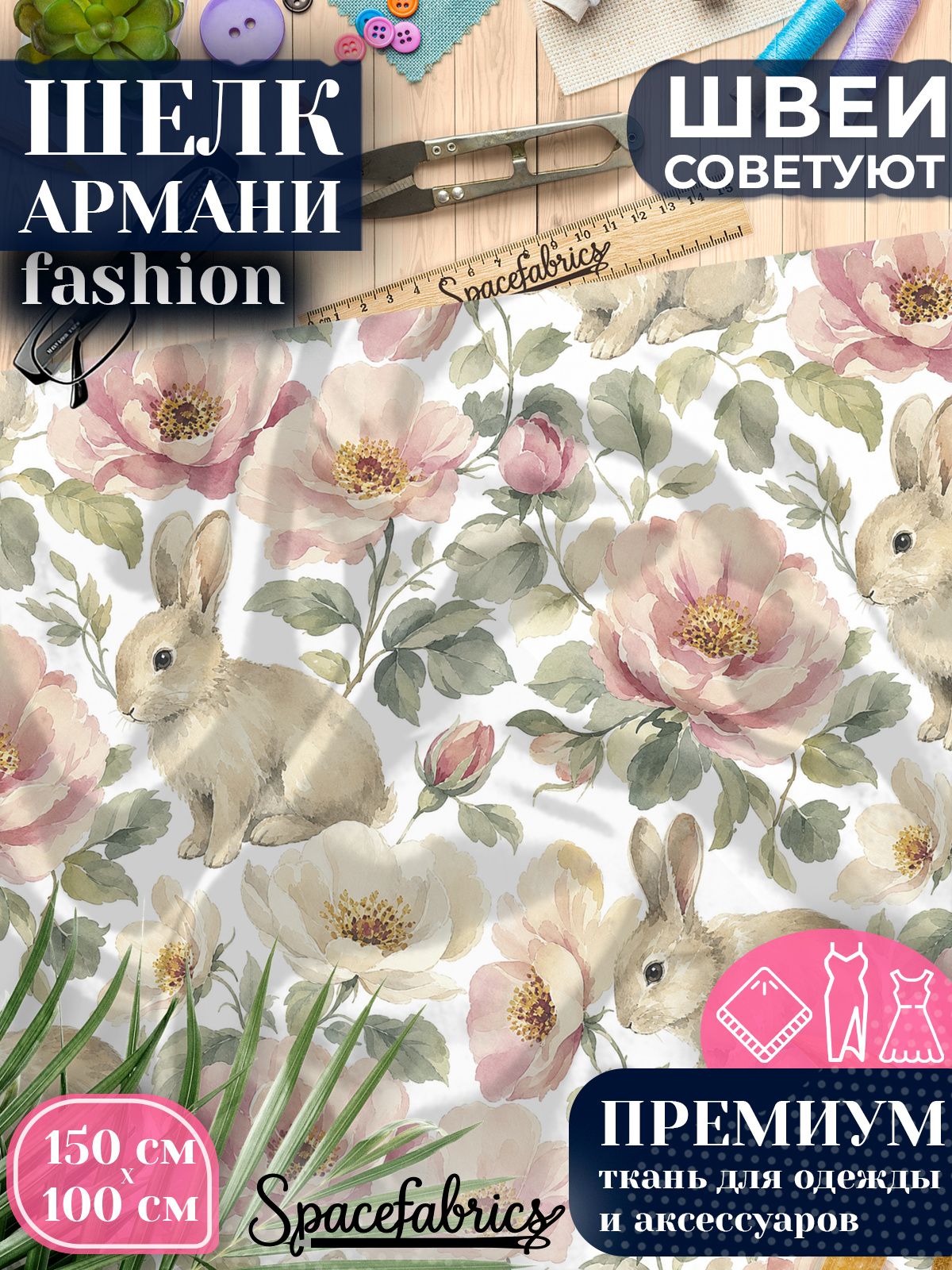 Ткань для шитья шелк Армани, искусственный атлас шелк для костюмов, платьев, юбок с принтом Кролики