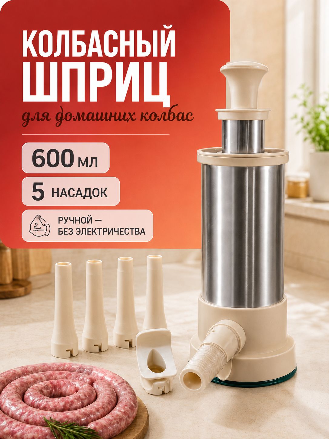 Шприц колбасный ручной 600 миллилитров с насадками для фарша, Комплект из 5 насадок разного диаметра