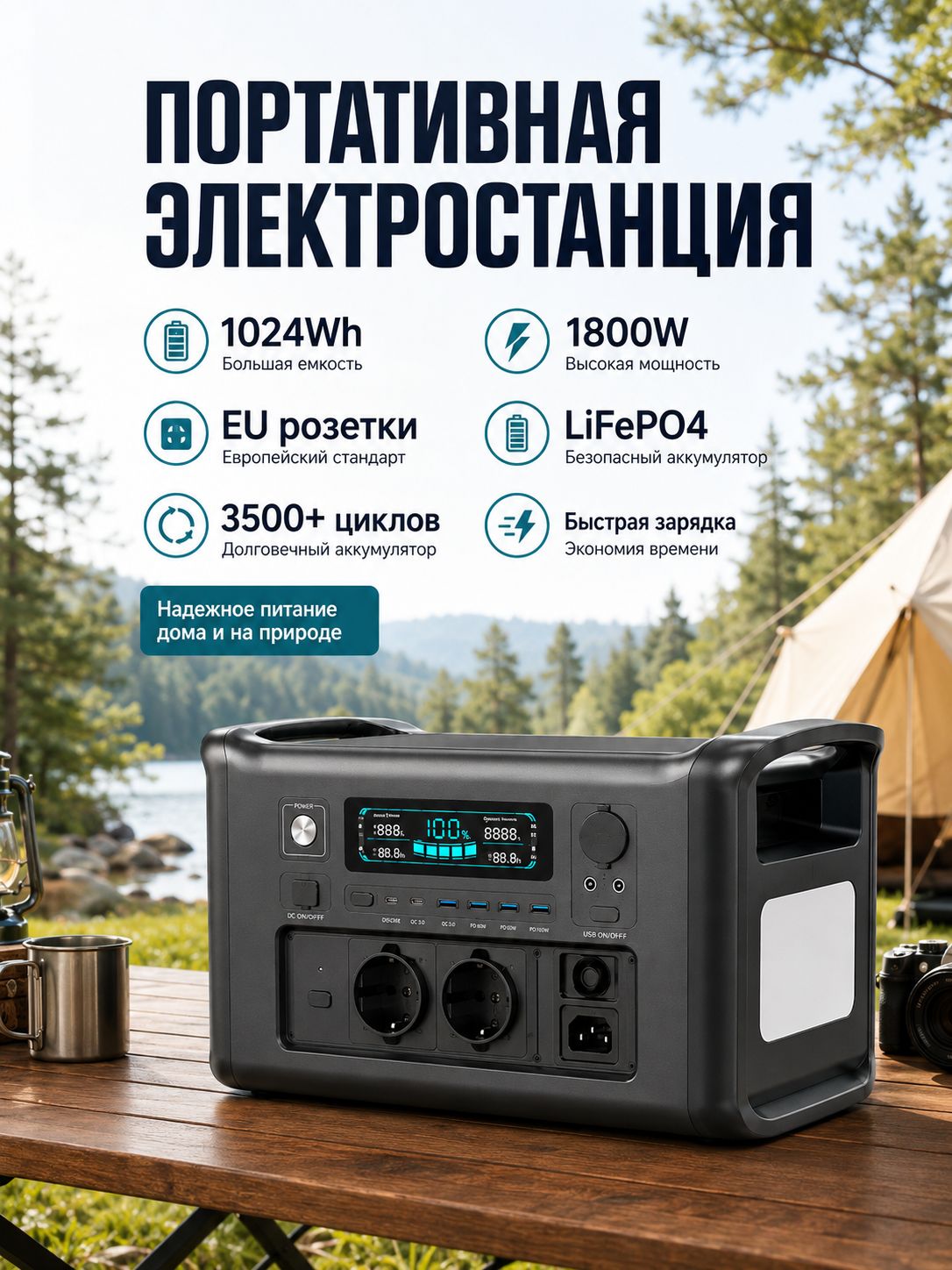 Лёгкая портативная электростанция, для поездок,1024 Втч 1800 Вт 220 В, EU