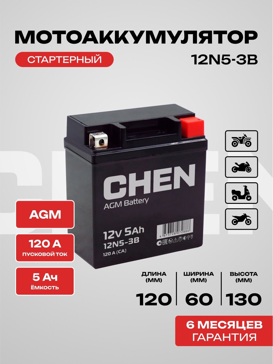 Аккумулятор для мотоцикла CHEN AGM 12В 5 А*ч обратная полярность, (120 A)