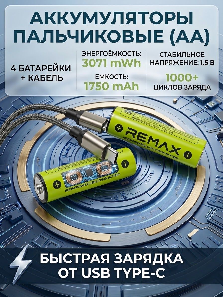 REMAX Аккумуляторная батарейка AA, 1,5 В, 1750 мАч, 4 шт