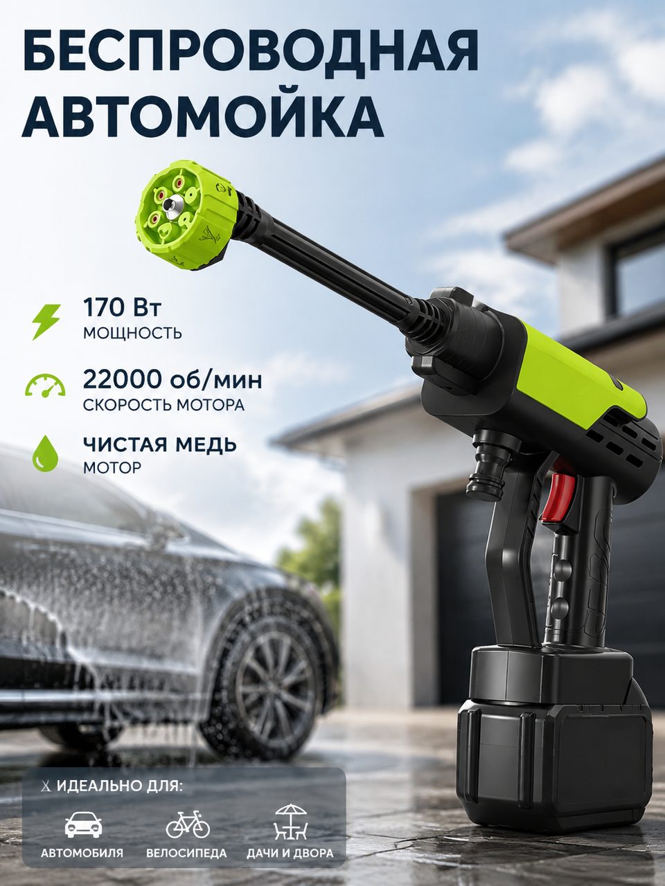 Автомойка, беспроводная, подключение к водопроводу, забор воды из ёмкости, 170Вт