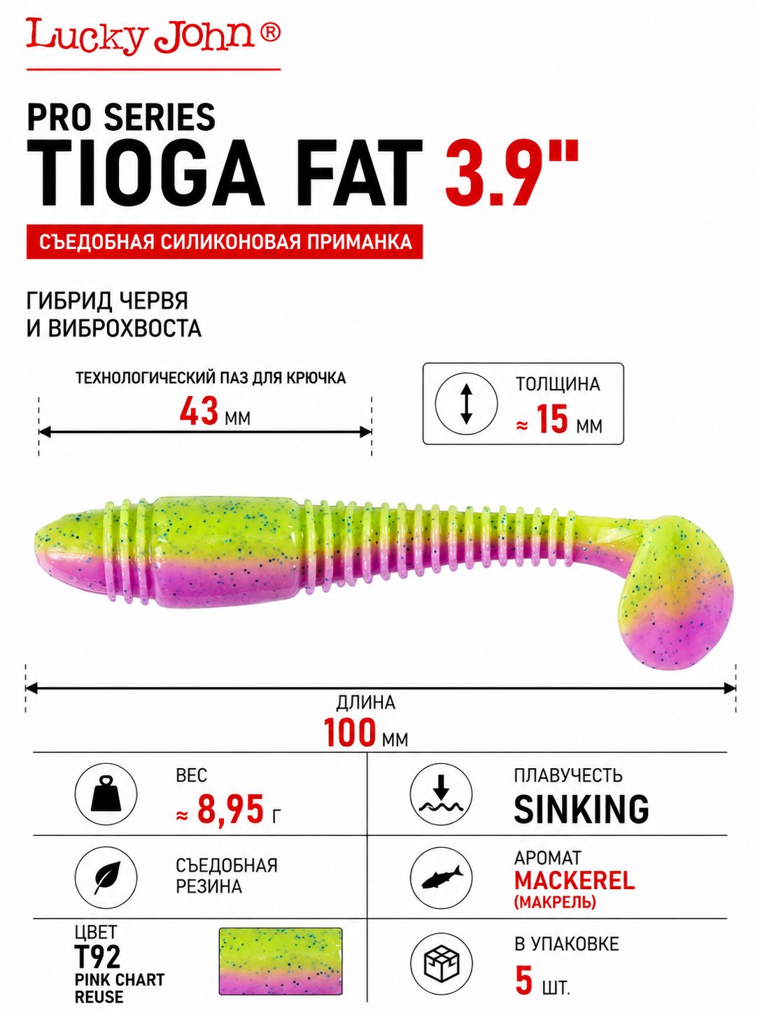 Виброхвост для рыбалки Lucky John Pro Series TIOGA FAT 3.9in/ 10.00см T92 5шт. силиконовые приманки