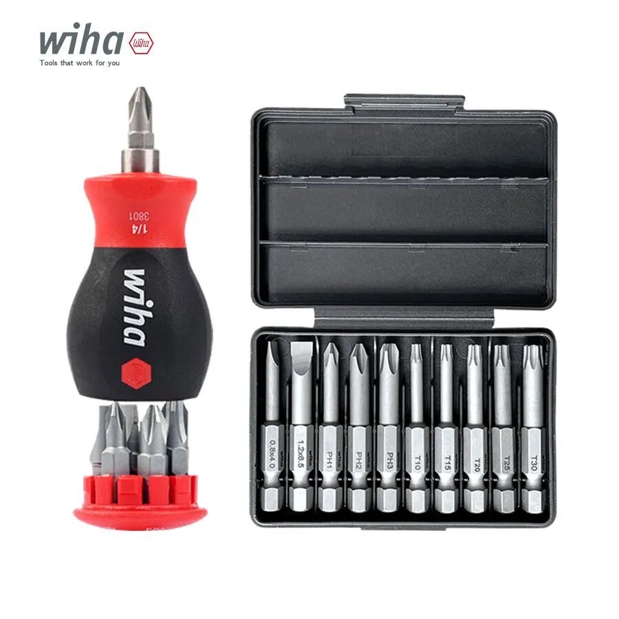 WIHA 16 шт. Набор отверток с коротким хвостовиком, Винты с прорезями Phillips и Torx, нескользящая ручка,90019C