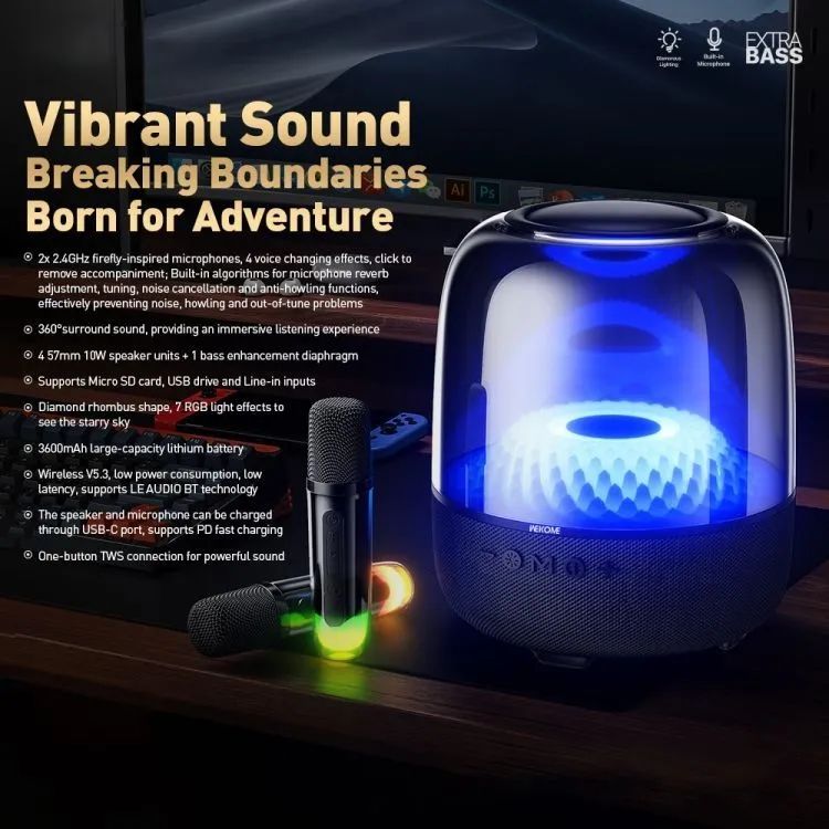Беспроводная Bluetooth-колонка Wekome Beluga D16, черная, Bluetooth 5.3, аккумулятор 3600 мАч, слот для карты памяти, 2 микрофона