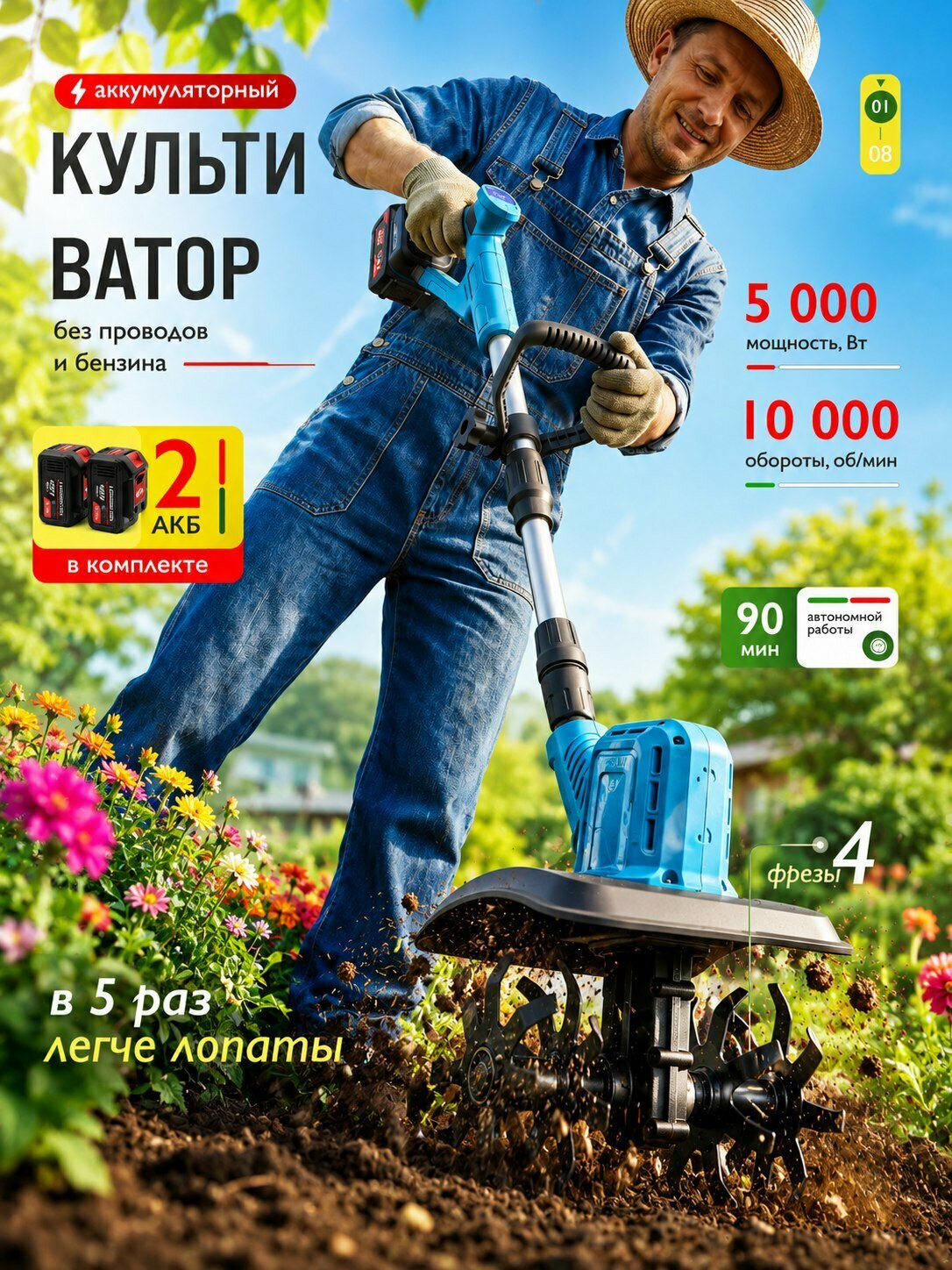 Культиватор аккумуляторный садовый бесщеточный 4 ножа, 2 аккумулятора, культиватор мощный