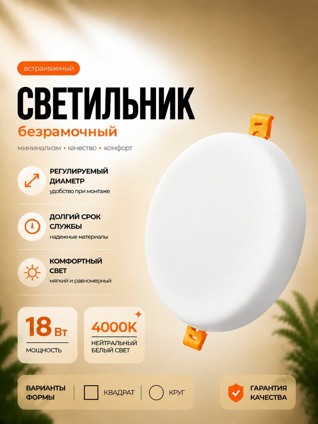 Светильник потолочный светодиодный безрамочный встраиваемый 18Вт, 4000К, с регулирующими креплениями