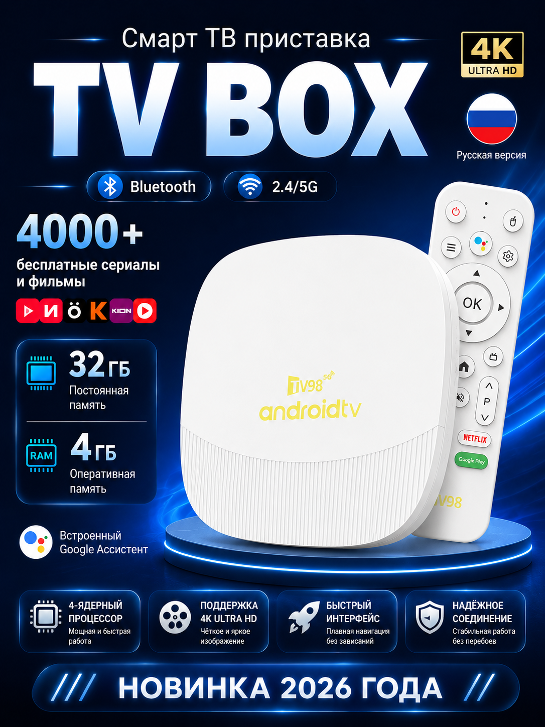 Смарт ТВ приставка 4K на Android 14. 4/32 ГБ, Wi-Fi и Bluetooth. Лучшая для ТВ и проектора в 2026.