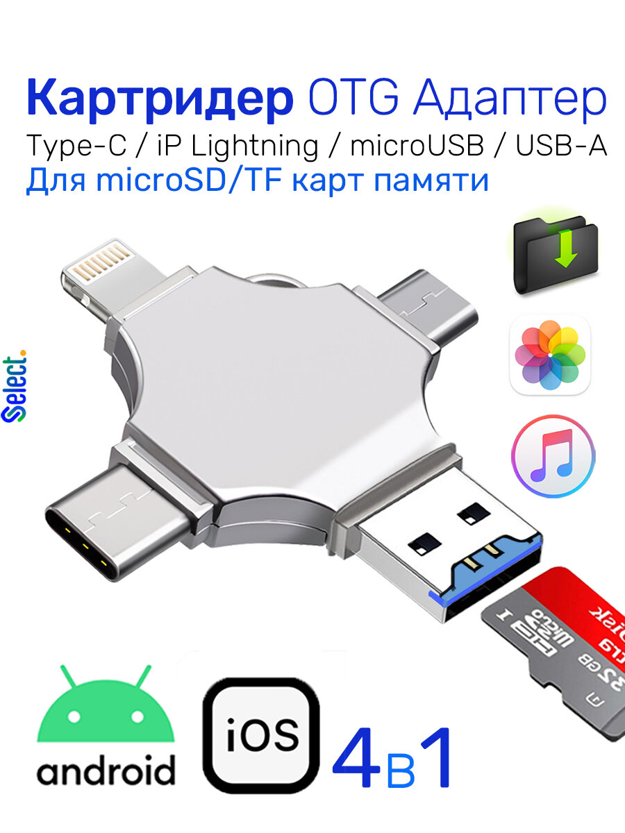 Кардридер Type-C на USB, Ligthining на USB, Micro на USB / 3в1 OTG-адаптер Передача файлов с microSD на iPhone (iOS) и Android-устройства, Светло-серый
