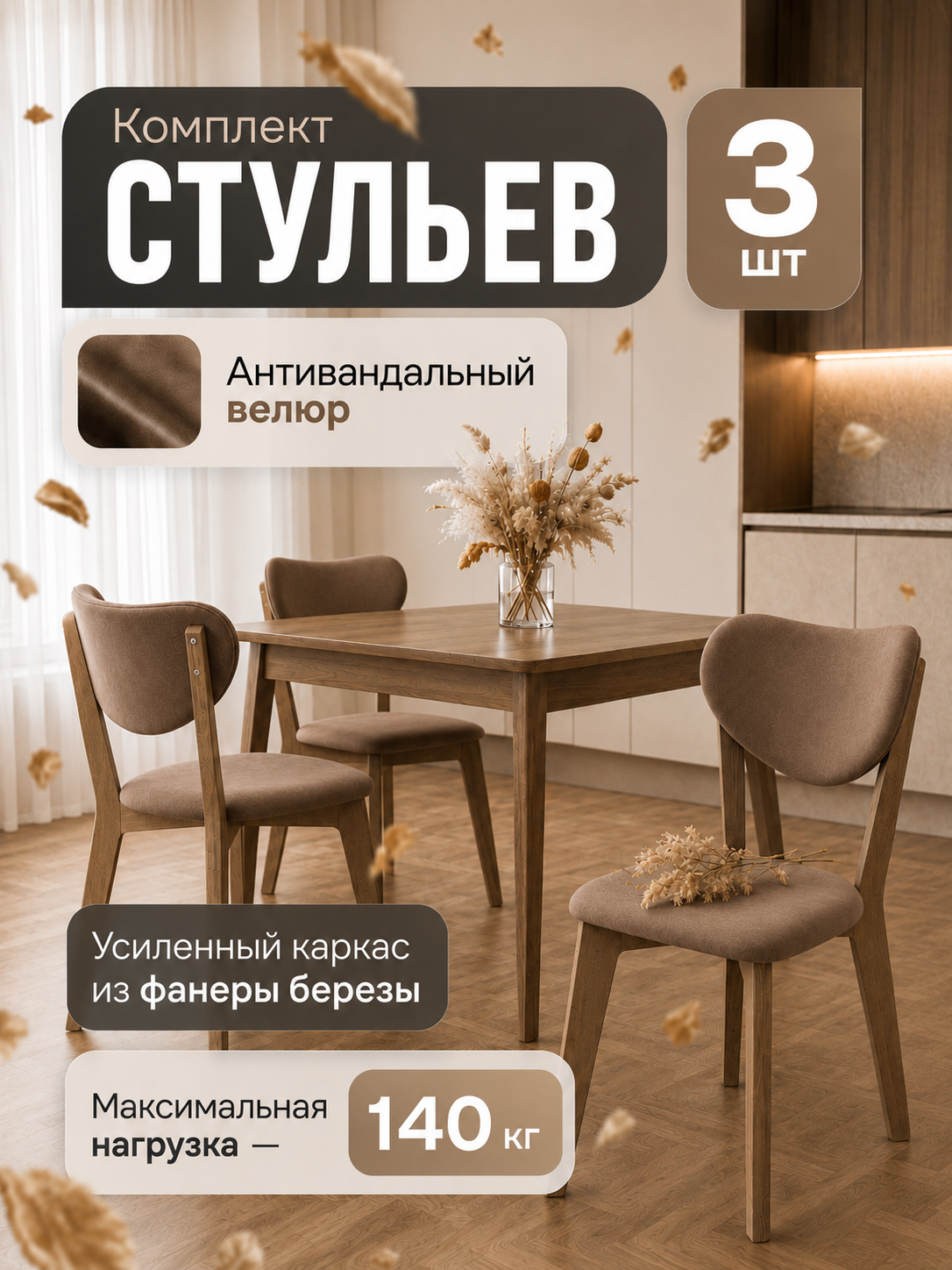 Стулья для кухни 3 шт со спинкой мягкие велюр деревянные