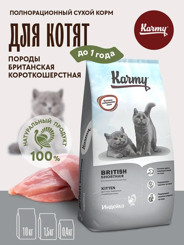 Корм для кошек сухой KARMY Kitten British Shorthair, для котят до 1 года и беременных и кормящих кошек породы Британская Короткошерстная, индейка 10кг