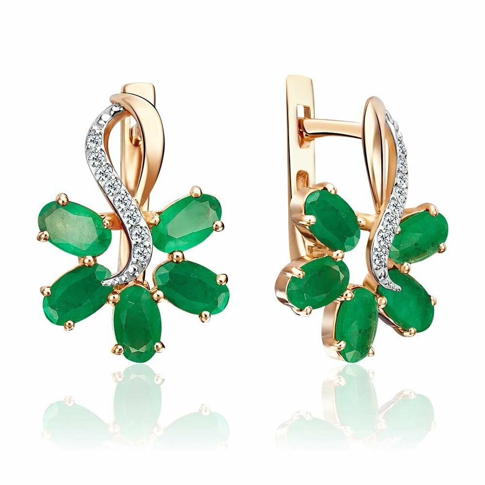 Серьги PLATINA, красное золото, 585 проба, бриллиант, изумруд