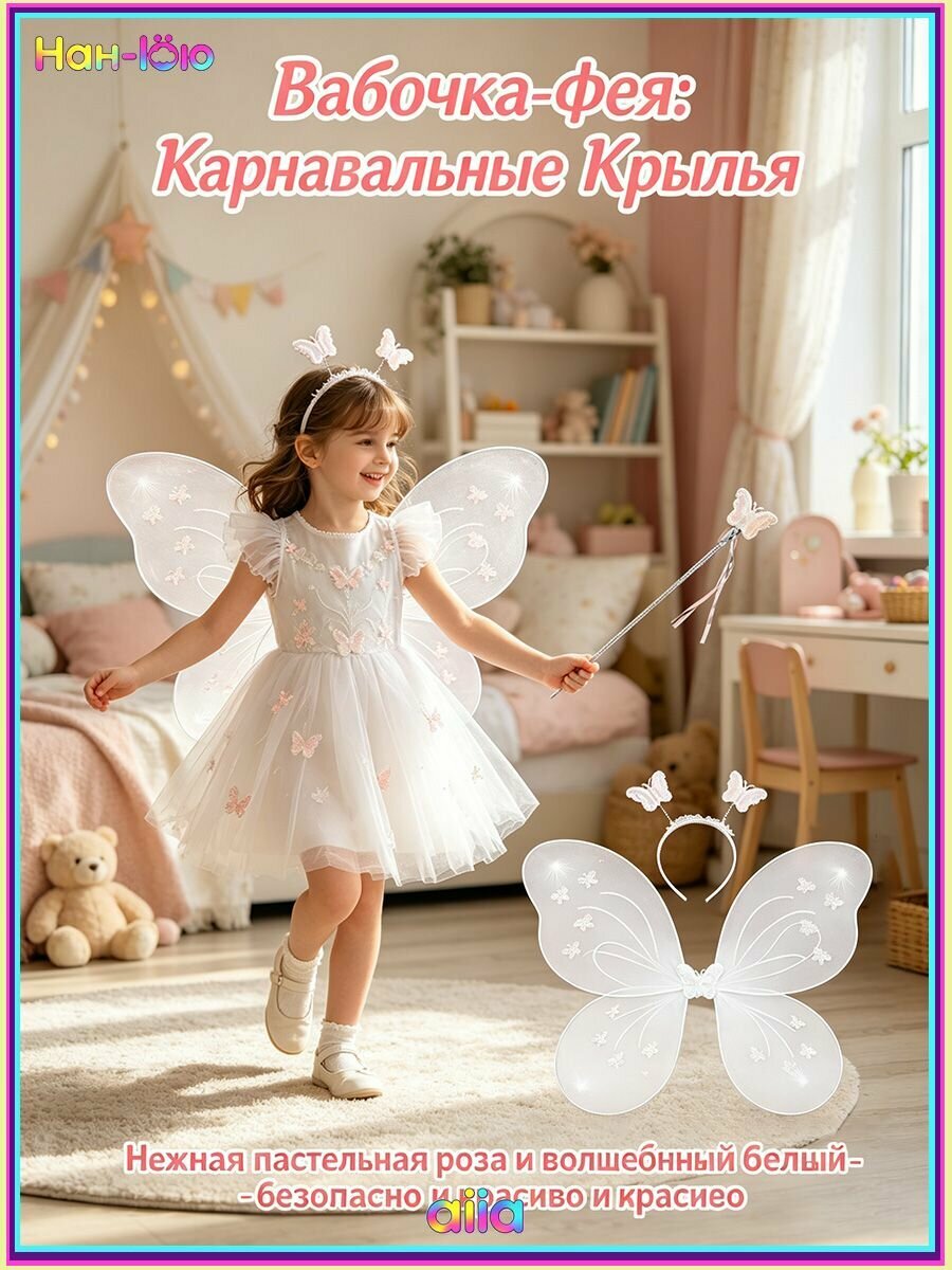 Карнавальные крылья Феи Бабочки, Набор для костюма феи (крылья бабочки, ободок, волшебная палочка) для девочек, 3 предмета, белый