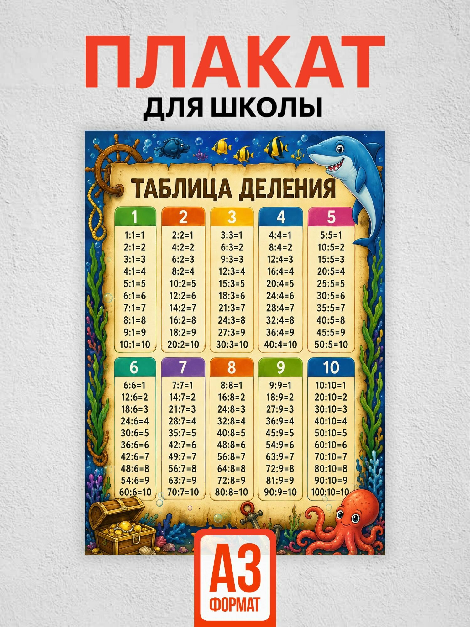 Плакат таблица деления, для школы, в класс