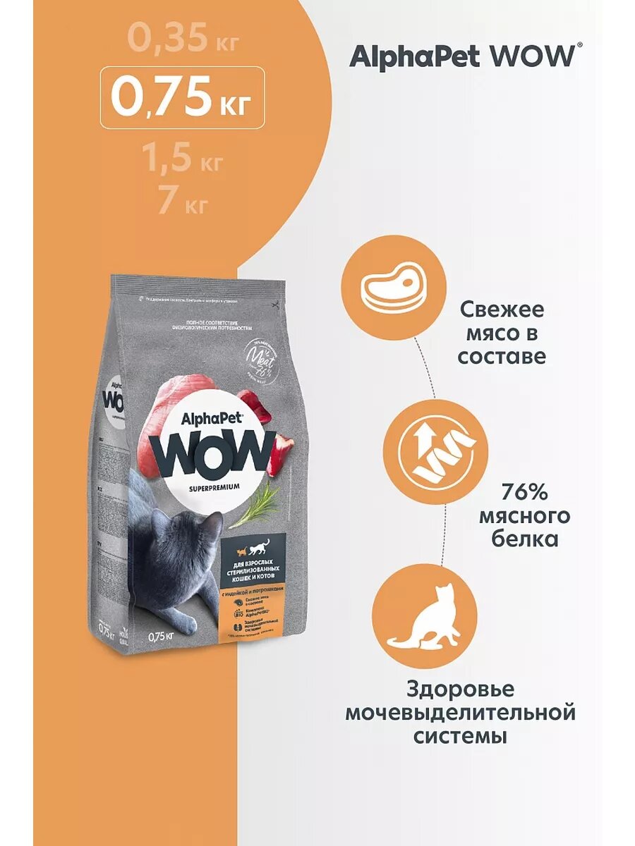 AlphaPet WOW для стерилизованных кошек, индейка и потрошки 0,75кг