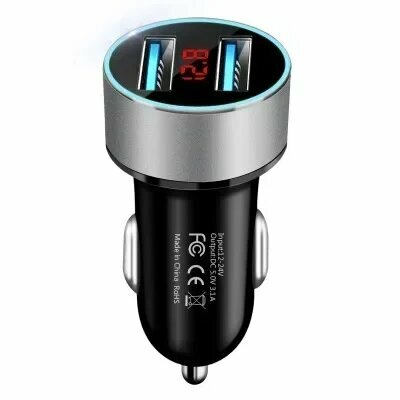 Автомобильное зарядное 2xUSB 3.1A, Silver, с вольтметром