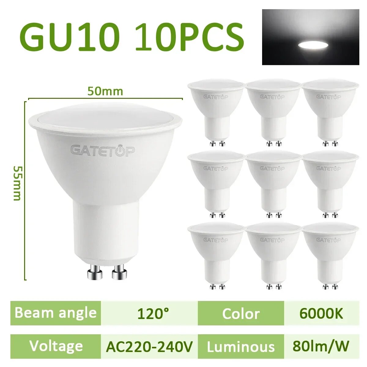 LED лампа Gatetop GU10 3000K/6000K теплый белый свет 10 шт 220В Белый, 120degree 6000K, Yes, 9w
