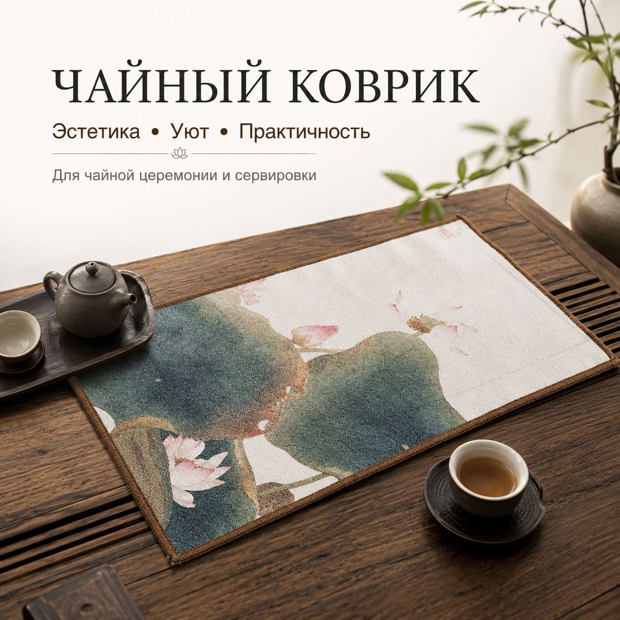 Длинный текстильный коврик для чайной церемонии с китайским горным пейзажем в технике туши