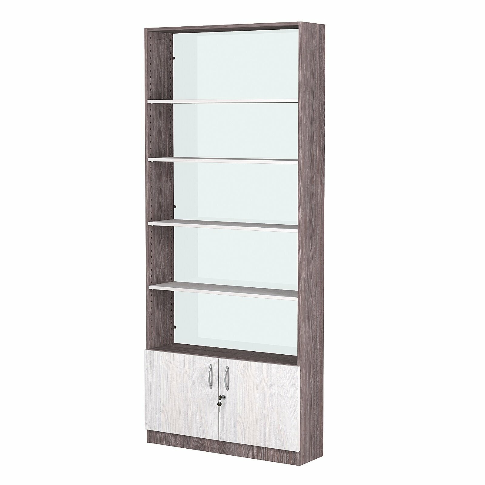 Стеллаж из ДСП с 4-мя полками 250x900 мм серии LEVEL-4 №11-1 (З/C - стекло), Ясень Анкор темный + Ясень Анкор светлый