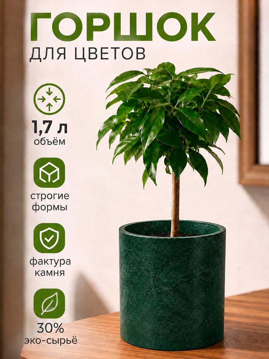 Горшок для цветов зеленый, кашпо цилиндр, 1,7 л
