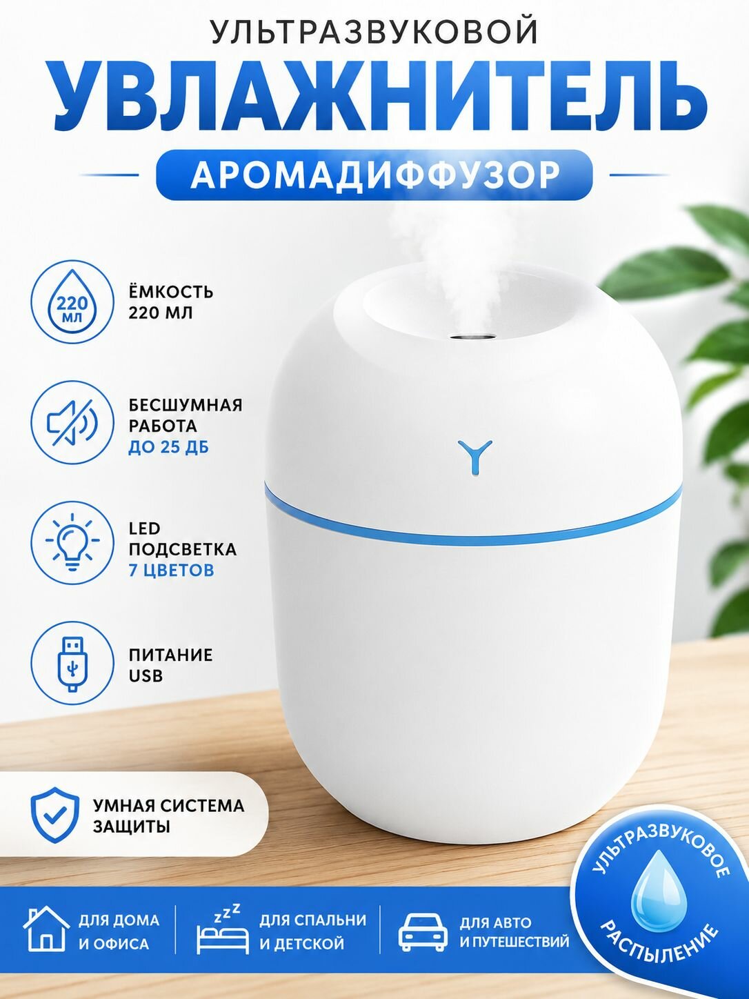 Увлажнитель воздуха для дома мини ультразвуковой аромадиффузор бесшумный с подсветкой настольный USB