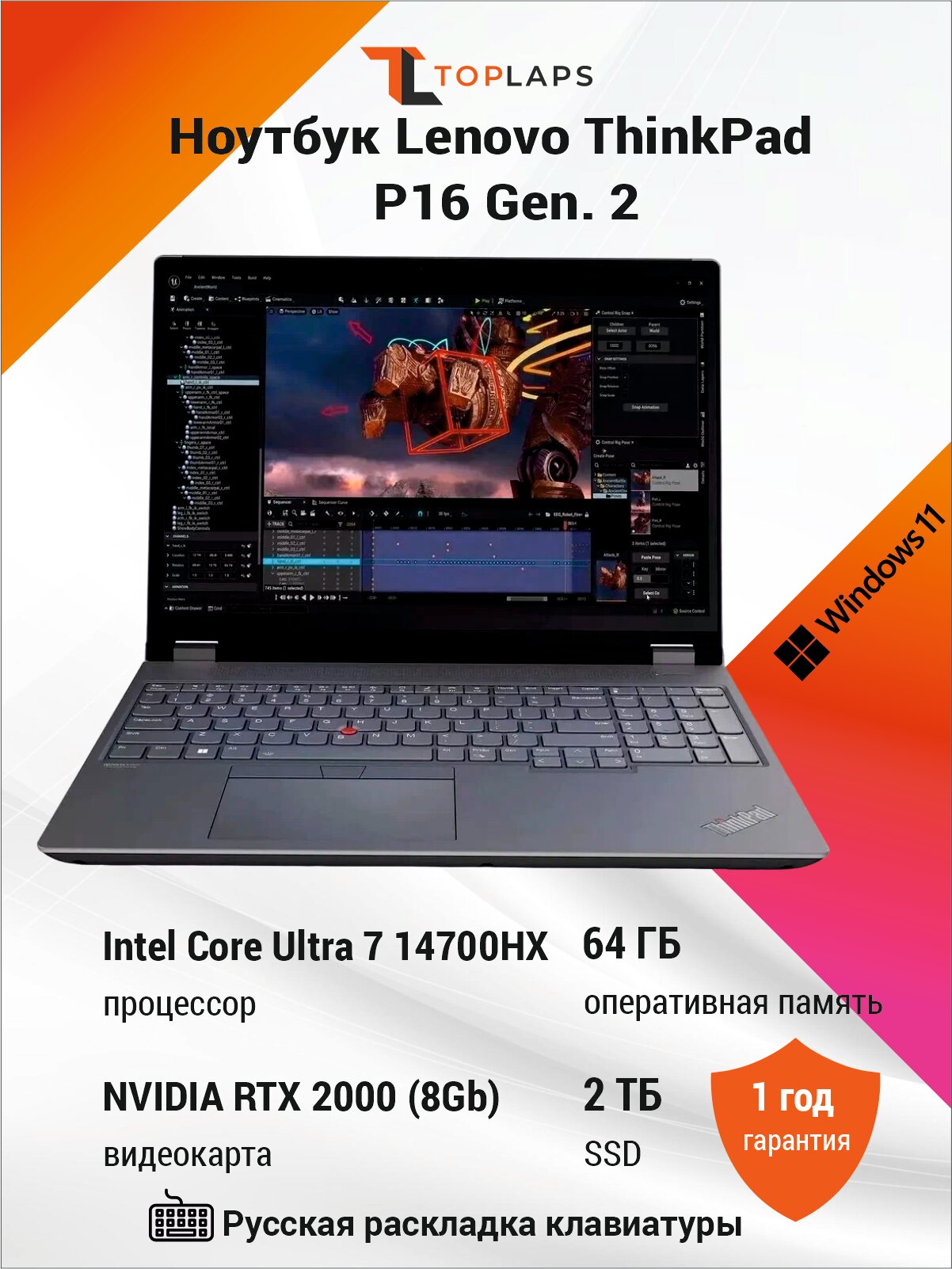Ноутбук Lenovo ThinkPad P16 G2 16" 4K IPS (Intel Core i7 14700HX, 64GB RAM, 2TB SSD, NVIDIA RTX 2000, Win 11) 21FA0051US