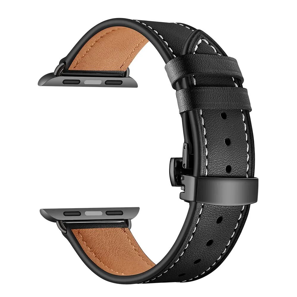 Ремешок из натуральной кожи для Apple Watch Ultra 2 3 49 мм / SE 4 5 6 7 8 9 10 11 38 40 41 44 мм 45 мм 46 мм с застежкой-бабочкой