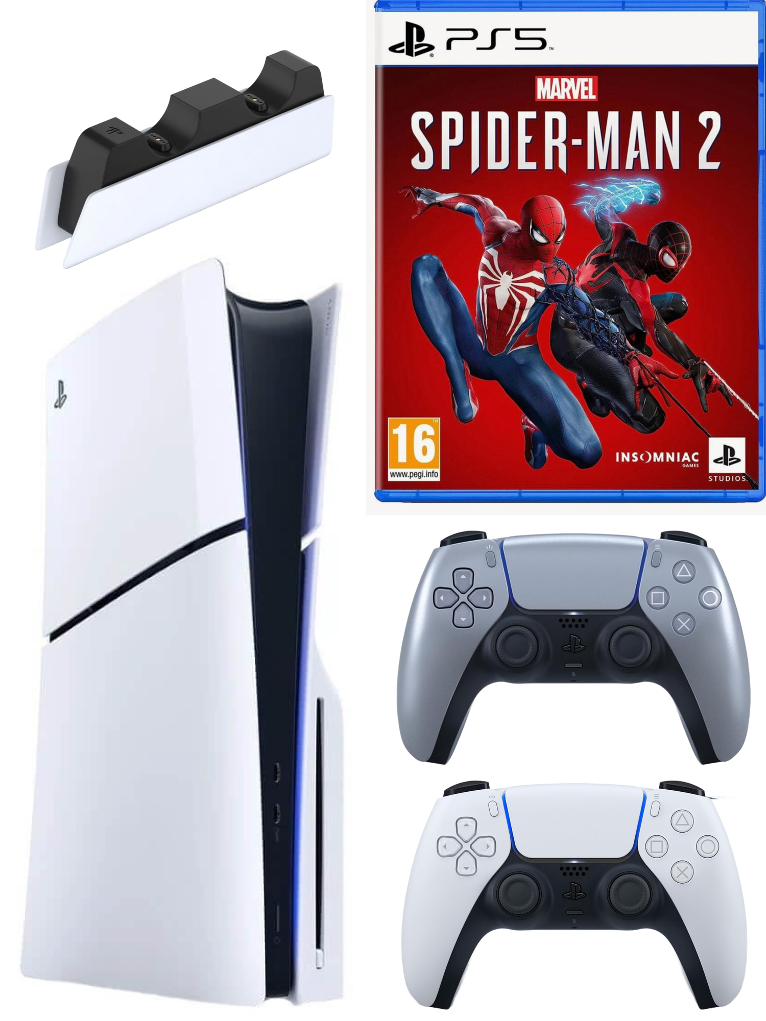 Игровая приставка Sony PS 5 Slim, 1ТБ(с дисководом)+2 геймпад(sterling silver)+Зарядная станция+Marvel Spider Man 2