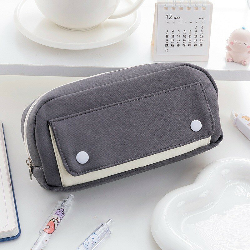 Канцелярский школьный пенал с двойной молнией и несколькими отделениями для детей серый
