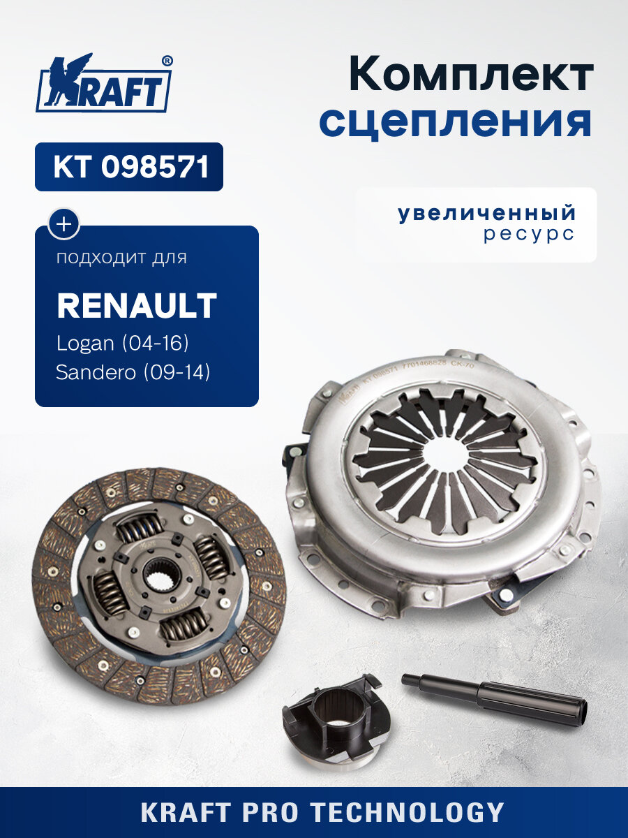 Комплект сцепления в сборе для ам Renault Logan (04-) 1.4i 8v / Sandero I (09-) 1.4i (5МКПП) KRAFT KT 098571