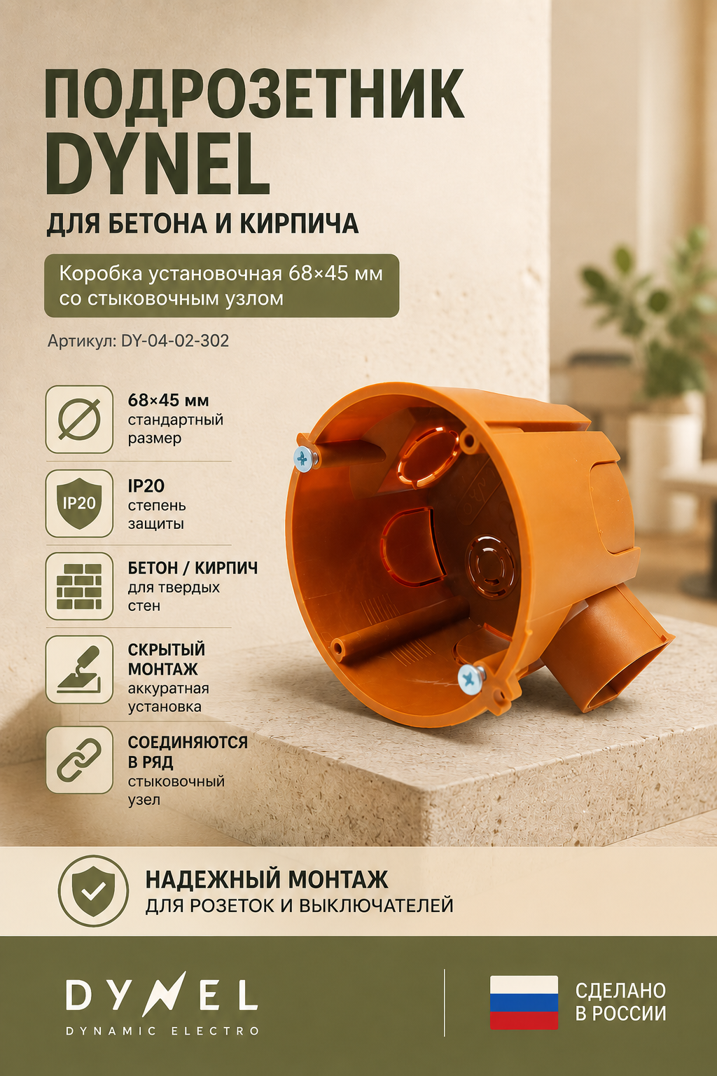 Подрозетник, коробка установочная, 68х45мм, бетон/кирпич, коричневый DYNEL