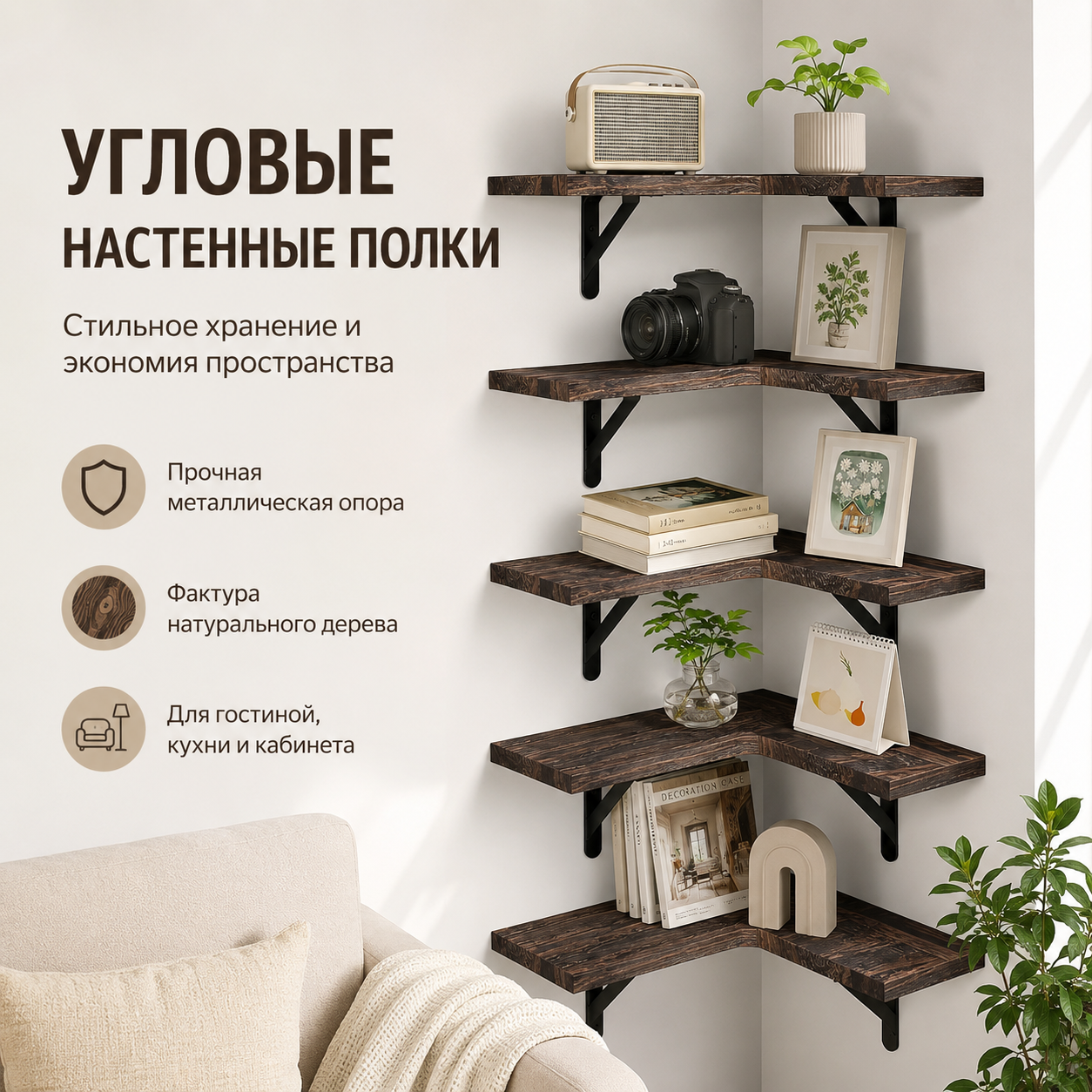 Многофункциональный стеллаж для хранения вещей，Настенные стеллажи，Lтип，5 штук，темно-коричневый，(Без украшений)