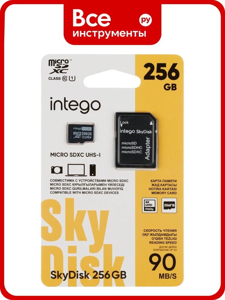Карта памяти INTEGO SkyDisk, 256ГБ, Class 10, 90 Мб/с, черный
