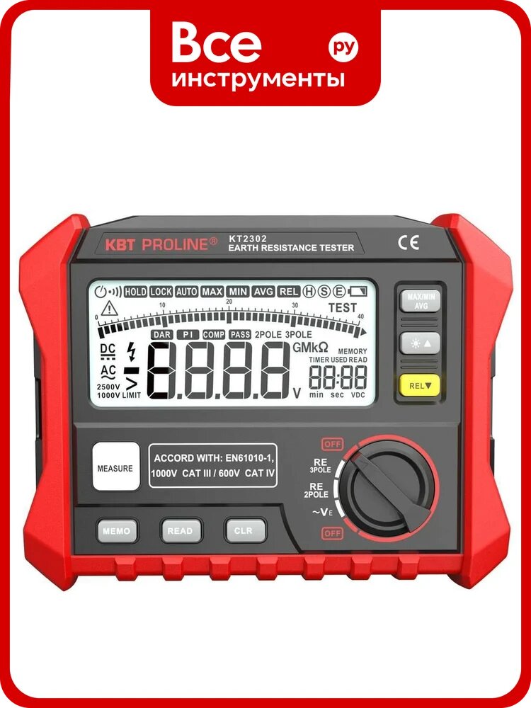 Измеритель сопротивления заземления КВТ KT 2302 PROLINE 87240 с отключением и индикатором батареи