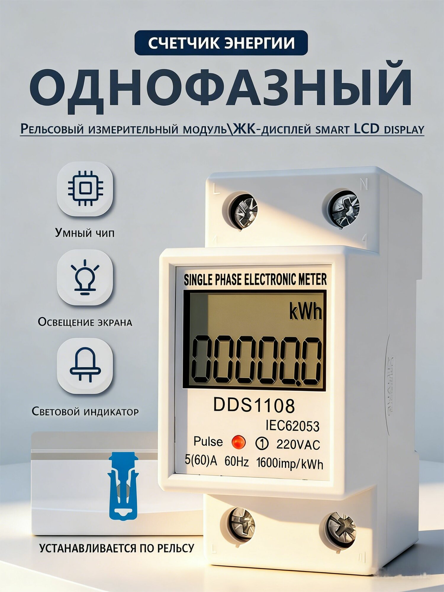 Cчетчик электроэнергии 5(60)A AC220V/50Hz, однофазный цифровой ЖК-дисплей