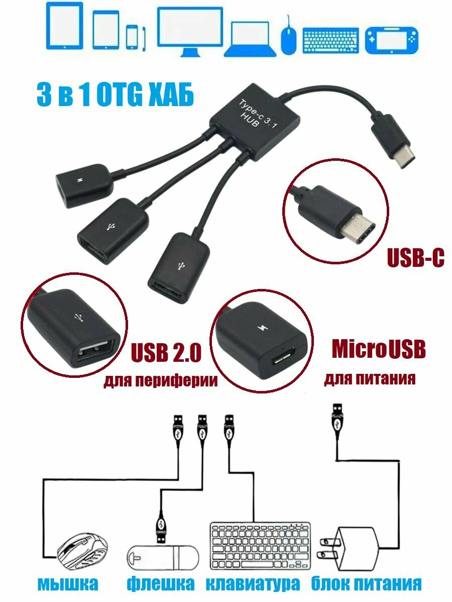 USB-С хаб разветвитель OTG 3 в 1 (2 x USB-A + Micro-USB для питания)