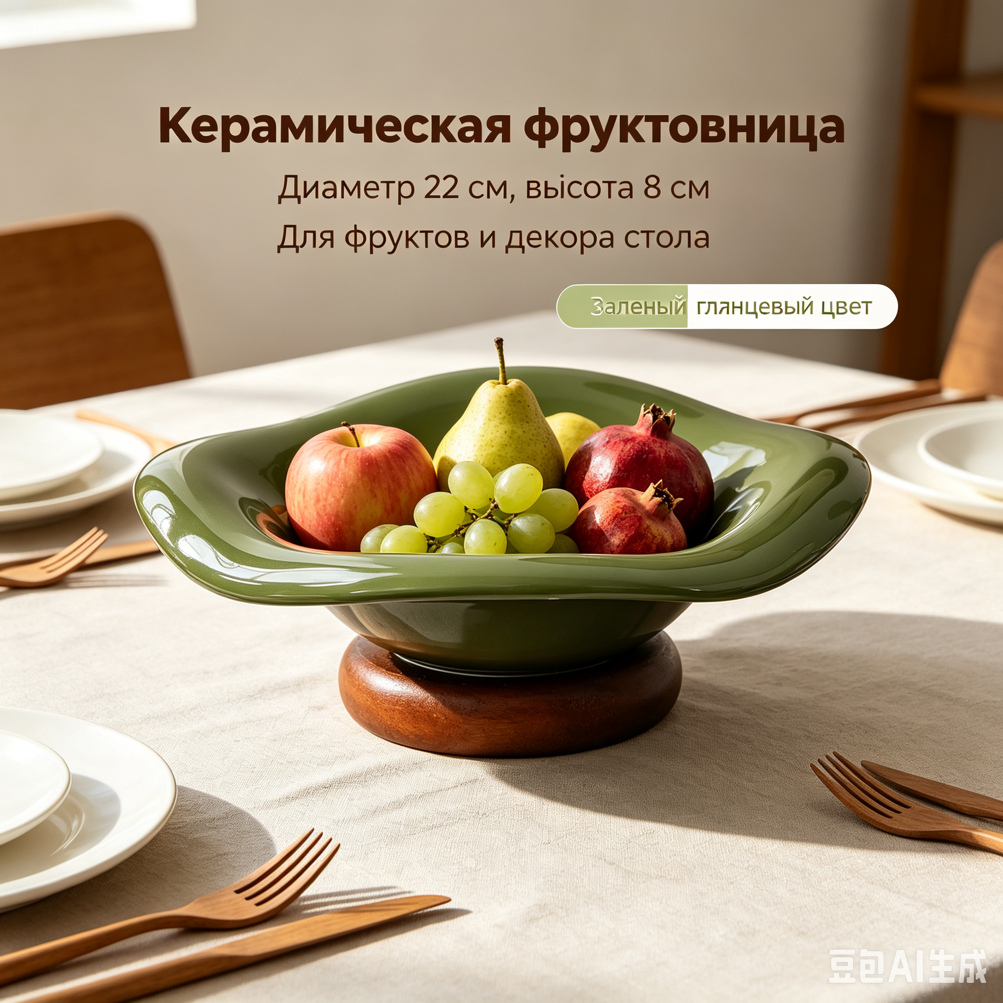 Изысканная керамическая "ваза для фруктов", кухня-гостиная, 22 см в диаметре и 8 см в высоту, зеленая