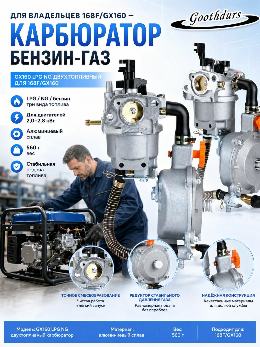Карбюратор бензин - газ с редуктором (2,0-2,8 кВт) 168F
