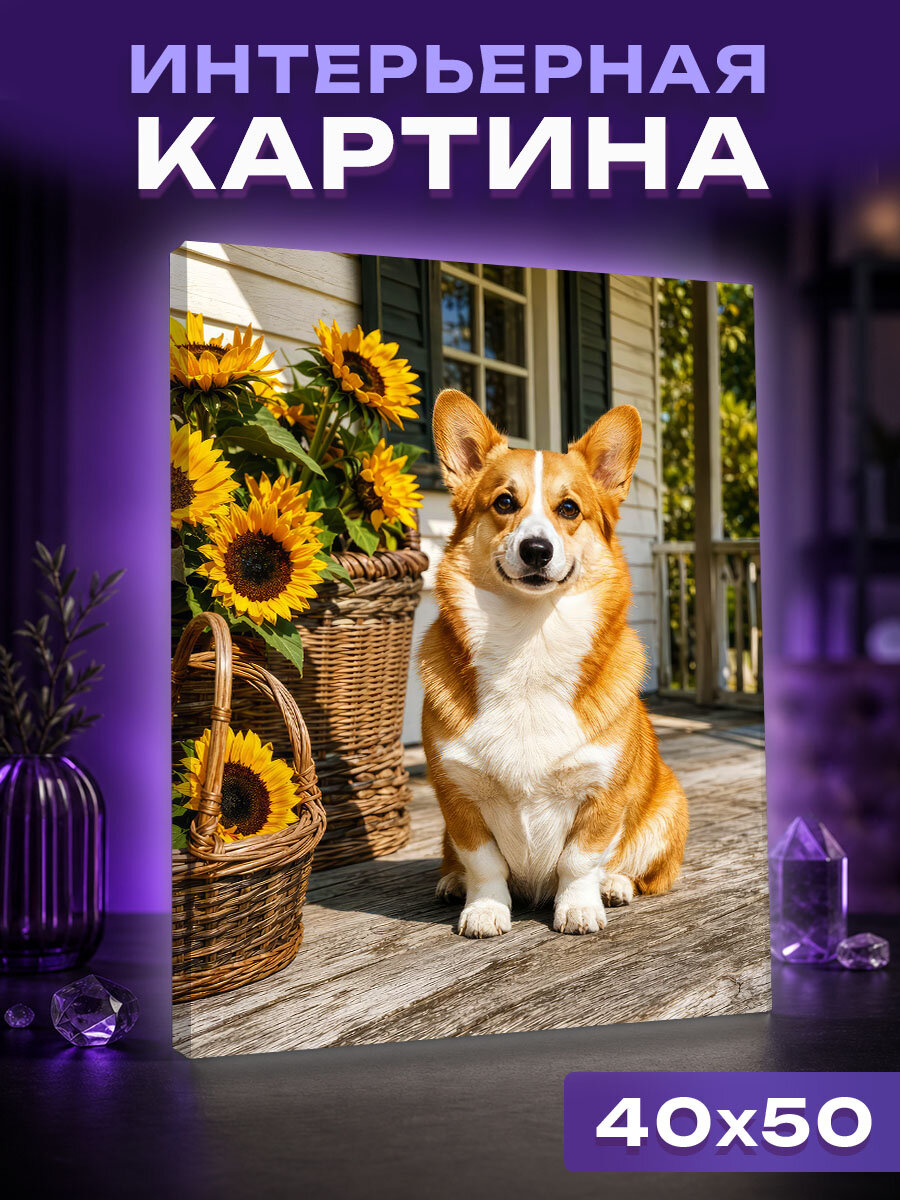 Интерьерная картина Корги на солнечной веранде у подсолнухов