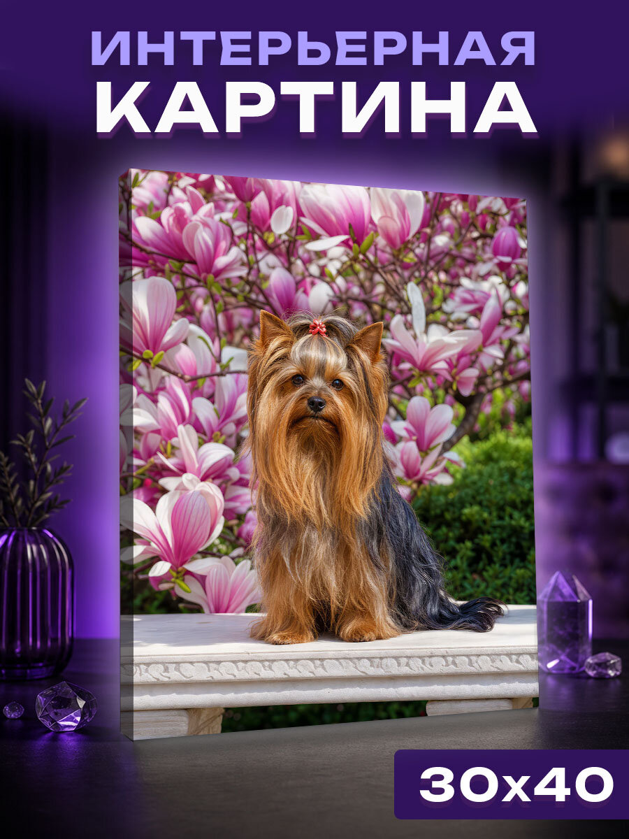 Интерьерная картина Йоркширский терьер под магнолией