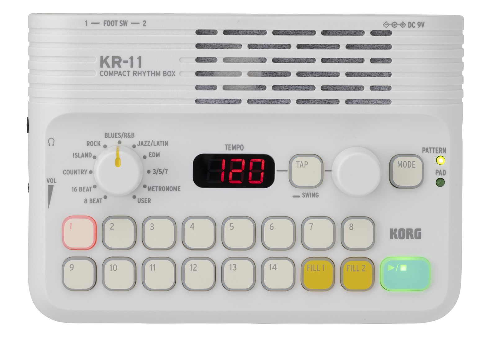 KORG KR-11 ритм-машина, 16 пэдов, 126 звуковых шаблонов, 14 выделенных слотов памяти